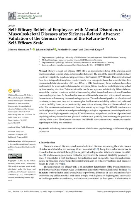 Pdf Self Efficacy Beliefs Of Employees With Mental Disorders Or Musculoskeletal Diseases After