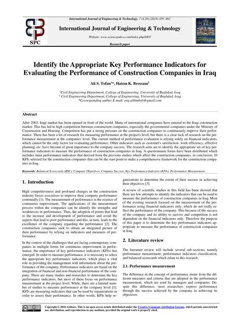 Pdf Identify The Appropriate Key Performance Indicators For Evaluating The Performance Of