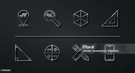 선 설정 X 글리프의 제곱근 삼각형 수학 삼각형 눈금자 십자선과 연필 Xyz 좌표계 백분율 돋보기 기하학적 도형 큐브 아이콘