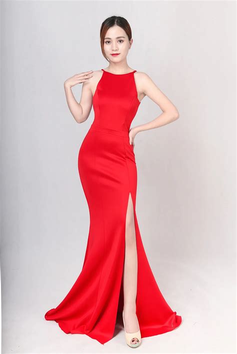 2019 Women Red Long Dress High Split O Neck Sexy Evening Party Dresses