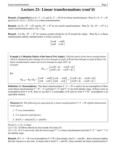 Lecture 21 Linear Transformations Contd Linear Transformations Page 1 Lecture 21 Linear