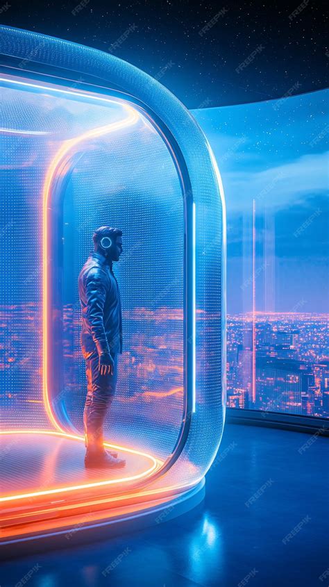 Futuristic Man In Virtual Reality Environment Overlooking Cityscape At Night Premium Ai