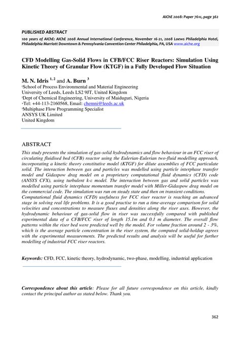 Pdf Cfd Modelling Gas Solid Flows In Cfb Fcc Riser Reactors Simulation Using Kinetic Theory