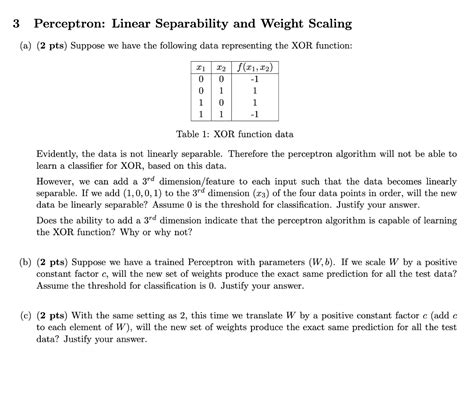 Solved 3 Perceptron Linear Separability And Weight Scaling Chegg Com