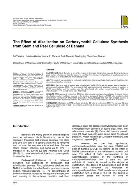 Pdf The Effect Of Alkalization On Carboxymethil Cellulose Synthesis From Stem And Peel