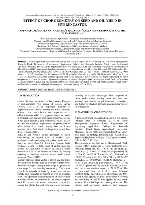 Pdf Effect Of Crop Geometry On Seed And Oil Yield In Hybrid Castor