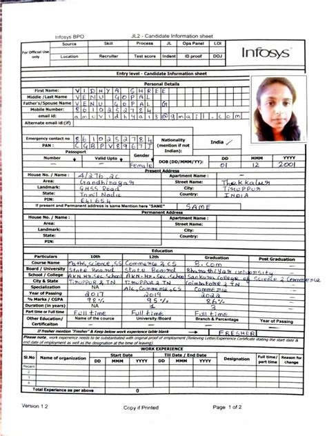 Infosys Entry Level Form Vidhya Shree Pdf