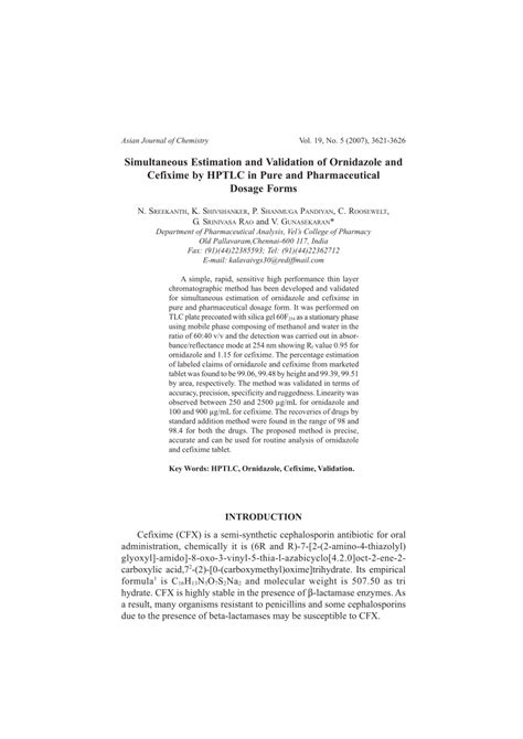 Pdf Simultaneous Estimation And Validation Of Ornidazole And Cefixime By Hptlc In Pure And