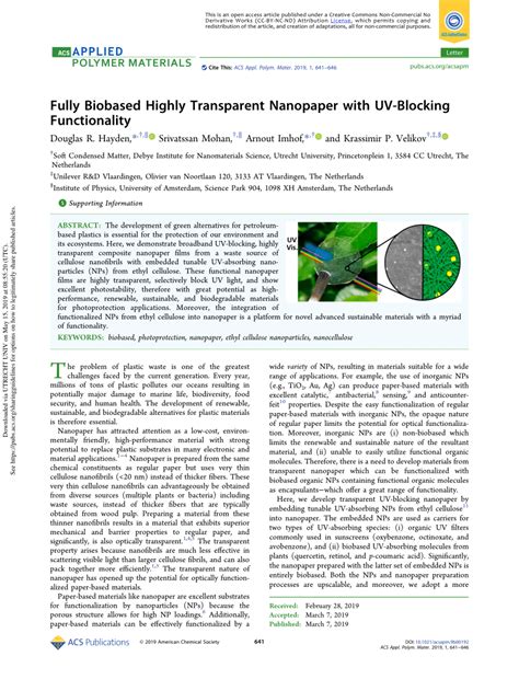 PDF Fully Biobased Highly Transparent Nanopaper With UV Blocking