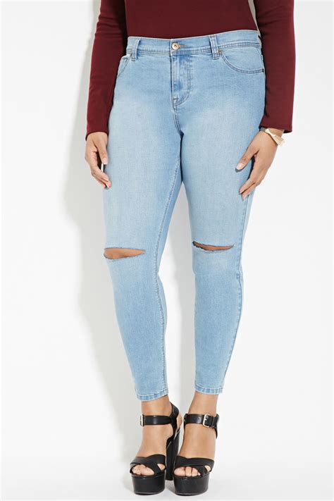 Lyst Forever 21 Plus Size Ripped Skinny Jeans In Blue