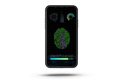 흰색 배경에 격리 된 스마트 폰의 지문 휴대 전화의 잠금을 해제합니다 현대 전화 개념입니다 터치 스크린이있는 휴대 전화 지문