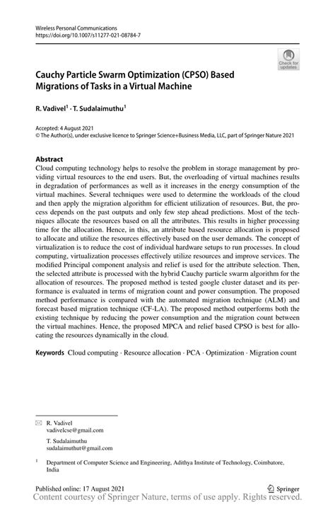cauchy particle swarm optimization cpso based migrations of tasks in
