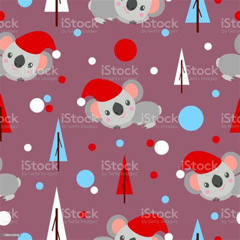 빨간 크리스마스 모자를 쓰고 코알라 아기들과 함께 누워 웃고 있는 매끄러운 패턴 전나무 나무 마룬 배경 흰색 빨간색 및 파란색 색종이 엽서 스크랩북 섬유 벽지 포장지 가공의