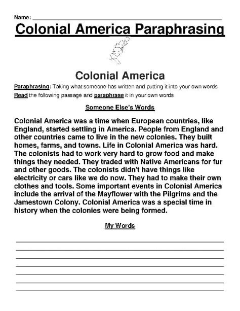 Colonial America Paraphrasing Assignment Packet 26 Assignments