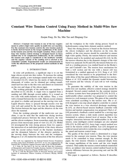 2016 Constant Wire Tension Control Using Fuzzy Method In Multi Wire Saw