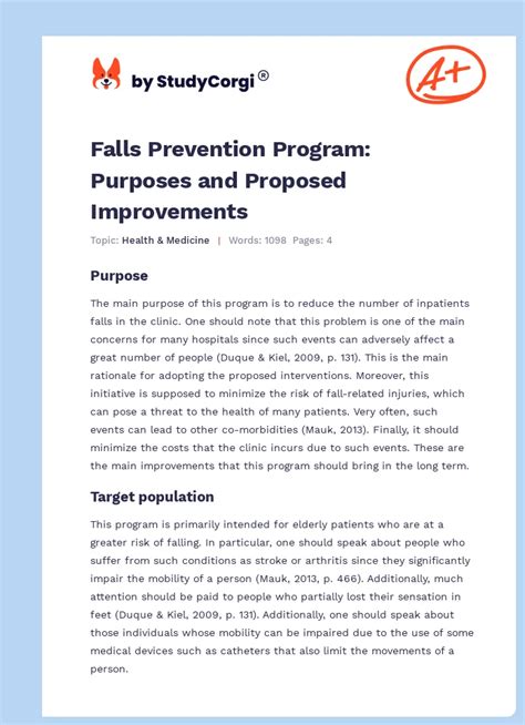 Falls Prevention Program Purposes And Proposed Improvements Free