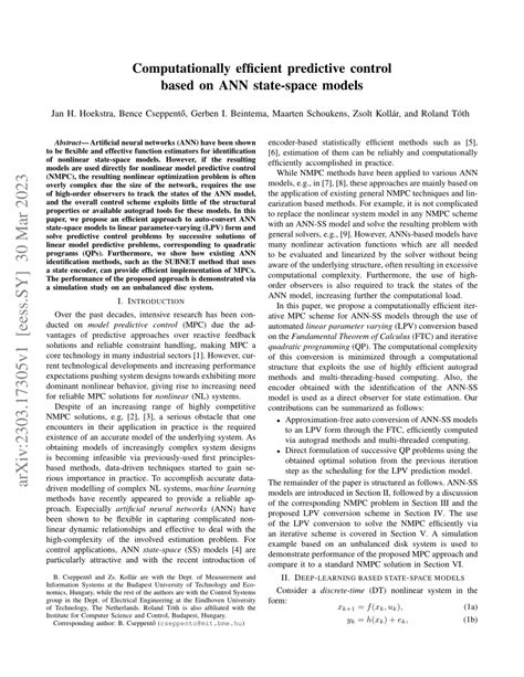 Pdf Computationally Efficient Predictive Control Based On Ann State Space Model