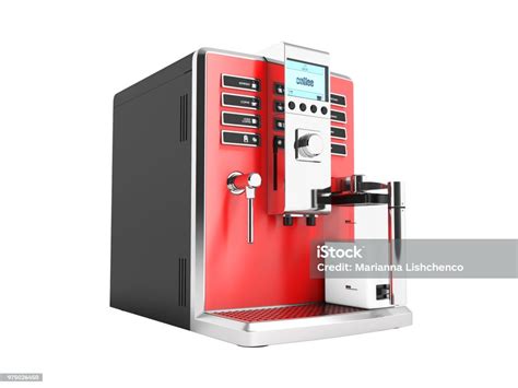 커피 두 잔 이나에 대 한 현대 빨간 커피 머신과 화이트에서 카푸치노 3d 렌더링 배경 그림자 0명에 대한 스톡 사진 및 기타 이미지 Istock