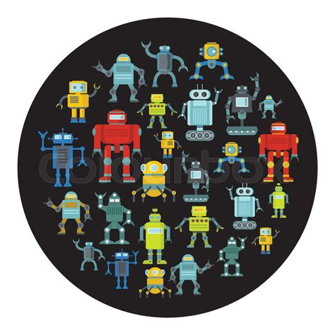 Robot Flat Icons Set On Circle Robot Vector Illustration For Design And Web Isolated On White