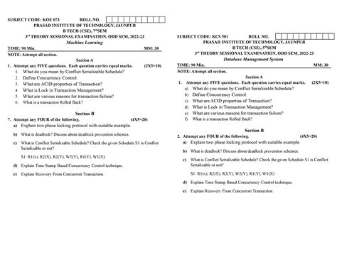 Kcs 501 Dbms Sfsf Subject Code Koe 073 Roll No Prasad Institute