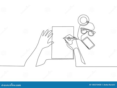 One Continuous Line Drawing Of Hand Writing Gesture On A Piece Of Paper Beside Glasses