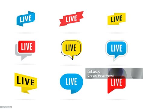라이브 세트 배너 말풍선 레이블 리본 알림 템플릿 텍스트가 있는 벡터 스톡 일러스트레이션 Live Event에 대한 스톡 벡터