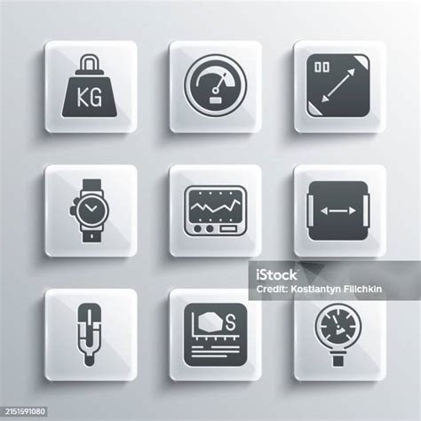 면적 측정 압력 수량계 측정기 의료용 체온계 손목 시계 무게 및 대각선 측정 아이콘을 설정합니다 벡터 0명에 대한 스톡 벡터