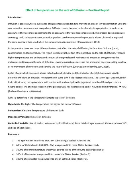 Effect Of Temperature On The Rate Of Diffusion Practical Report Biology Year 11 Sace
