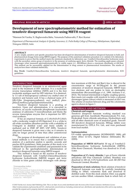 Pdf Development Of New Spectrophotometric Method For Estimation Of Tenofovir Disoproxil