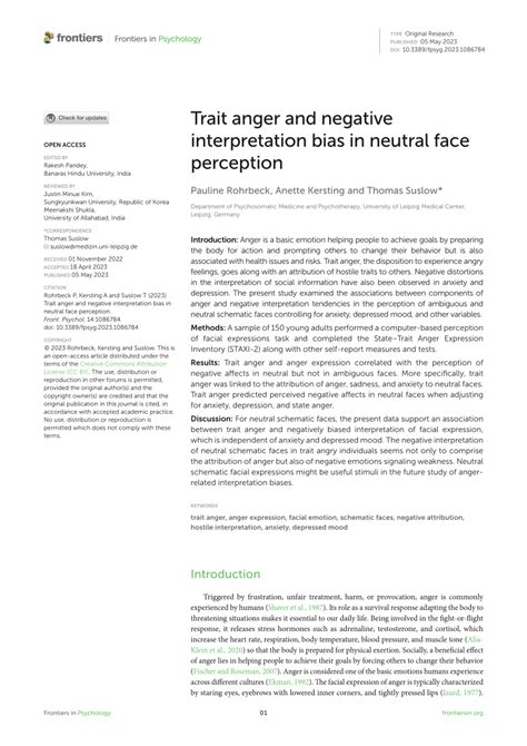 Pdf Trait Anger And Negative Interpretation Bias In Neutral Face Perception
