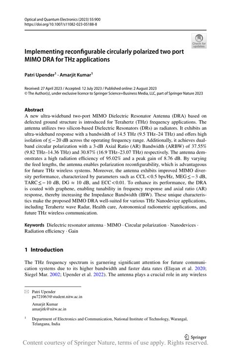 Implementing Reconfigurable Circularly Polarized Two Port Mimo Dra For Thz Applications
