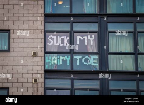 Suck My Hairy Toe Window Message Student Accommodation Liverpool Stock Photo Alamy