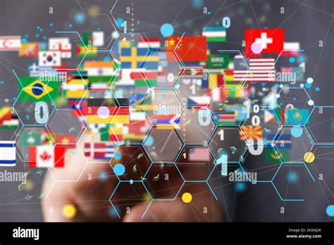 3d Floating Icons Of Countries Flags And Binary Code Over A Hand A Concept Of Global