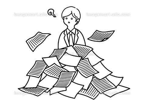 仕事量と書類の多さに呆然とする若い男性社員の線画イラスト [222768040] イメージマート