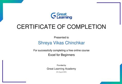 Excel Dataanalysis Greatlearning Certification Newskills Careergrowth Shreya Chinchkar