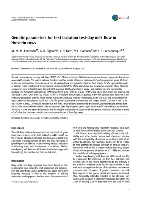 Pdf Genetic Parameters For First Lactation Test Day Milk Flow In