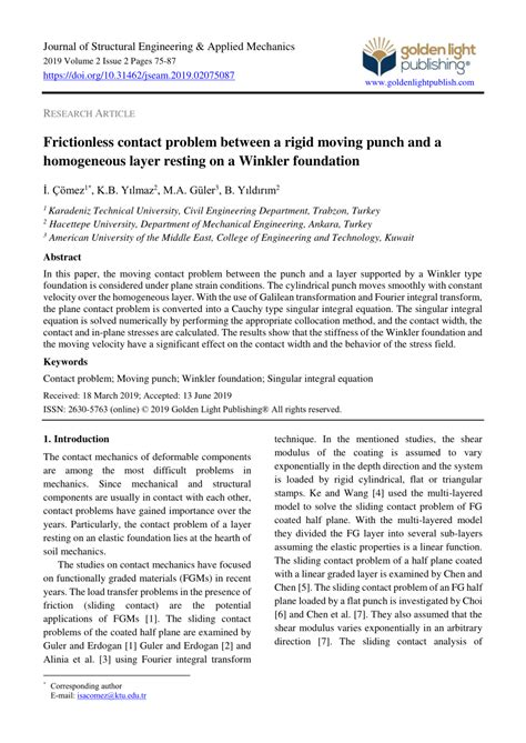 Pdf Frictionless Contact Problem Between A Rigid Moving Punch And A Homogeneous Layer Resting