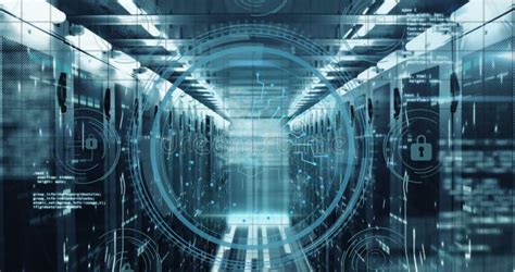 Animation Of Cyber Security Text Padlock In Circle With Icons Over Computer Language On Server