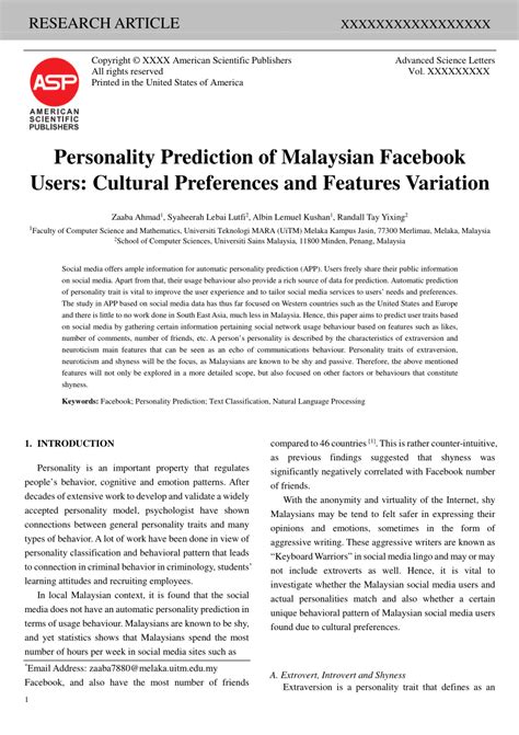 Pdf Personality Prediction Of Malaysian Facebook Users Cultural Preferences And Features