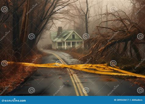 Blocked Road With Caution Tape Around The Fallen Tree Stock Image Image Of Traffic Danger