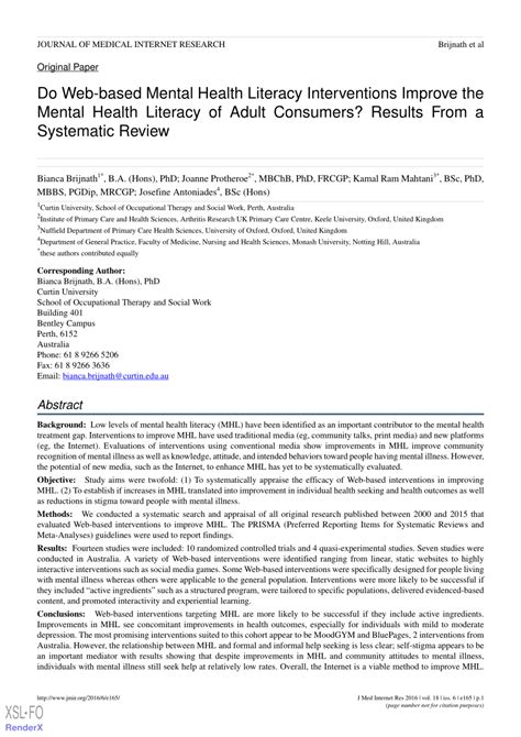 Pdf Do Web Based Mental Health Literacy Interventions Improve The Mental Health Literacy Of