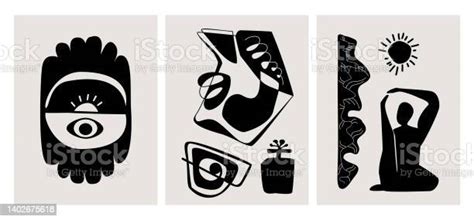 추상적 인 모양과 형태 현대 벽 예술 포스터 세트 벡터 일러스트 레이 션 그래픽 프린트 리노컷에 대한 스톡 벡터 아트 및 기타