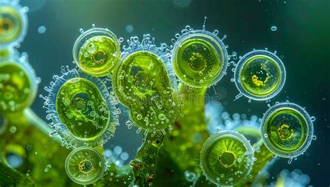 Microscopic View Of Green Algae Colonies With Internal Structures And