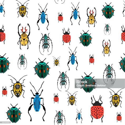 화려한 버그와 원활한 패턴 흰색 배경에 작은 딱정벌레의 밝은 벡터 그리기 손으로 그려진 플랫 디자인 직물 포장 종이 식기 디자인