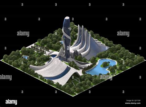 Landscaped Futuristic Architecture 3d Illustration For A Tiled Game Rendered In Dimetric