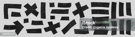 블랙 덕트 테이프 세트 회색 배경에 격리 된 고정을위한 사실적인 검은 색 접착 테이프 조각 스카치 화살표 십자가 모서리와 종이 붙어 사실적인 3d 벡터 일러스트레이션 3차원