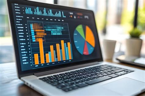 Laptop Displaying Colorful Business Charts And Graphs On Screen Data Analysis And Financial