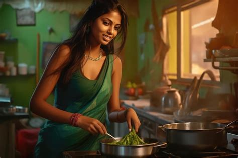 Premium Ai Image A Woman In A Green Indian Dress Is Cooking Greens In