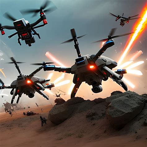A Battlefield With Advanced Autonomous Drones And Military Robots In