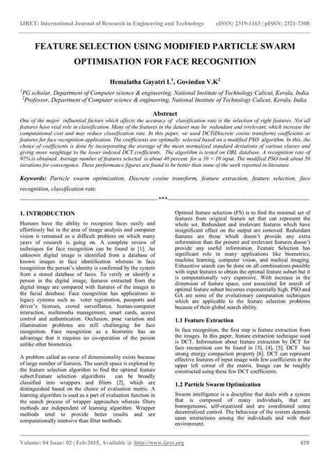 Feature Selection Using Modified Particle Swarm Optimisation For Face Recognition Pdf